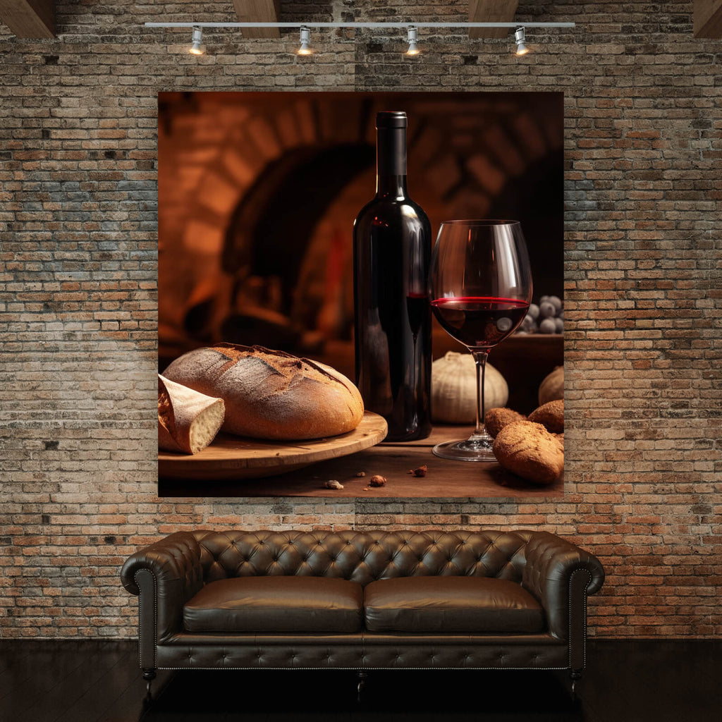 Leinwandbild Brot Wein bei Kerzenlicht Ambiente im Quadrat ...