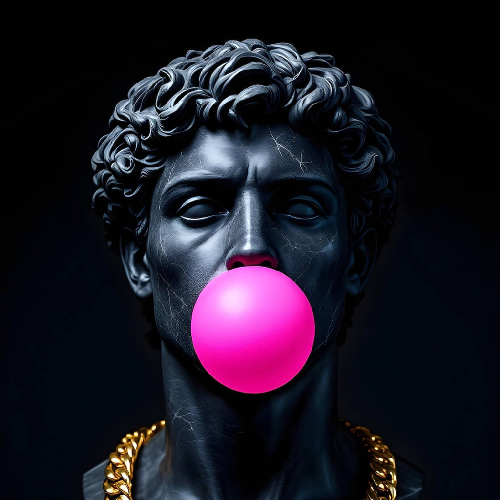 Spannrahmenbild Edler Skulpturenkopf mit Kaugummi im Quadrat ...