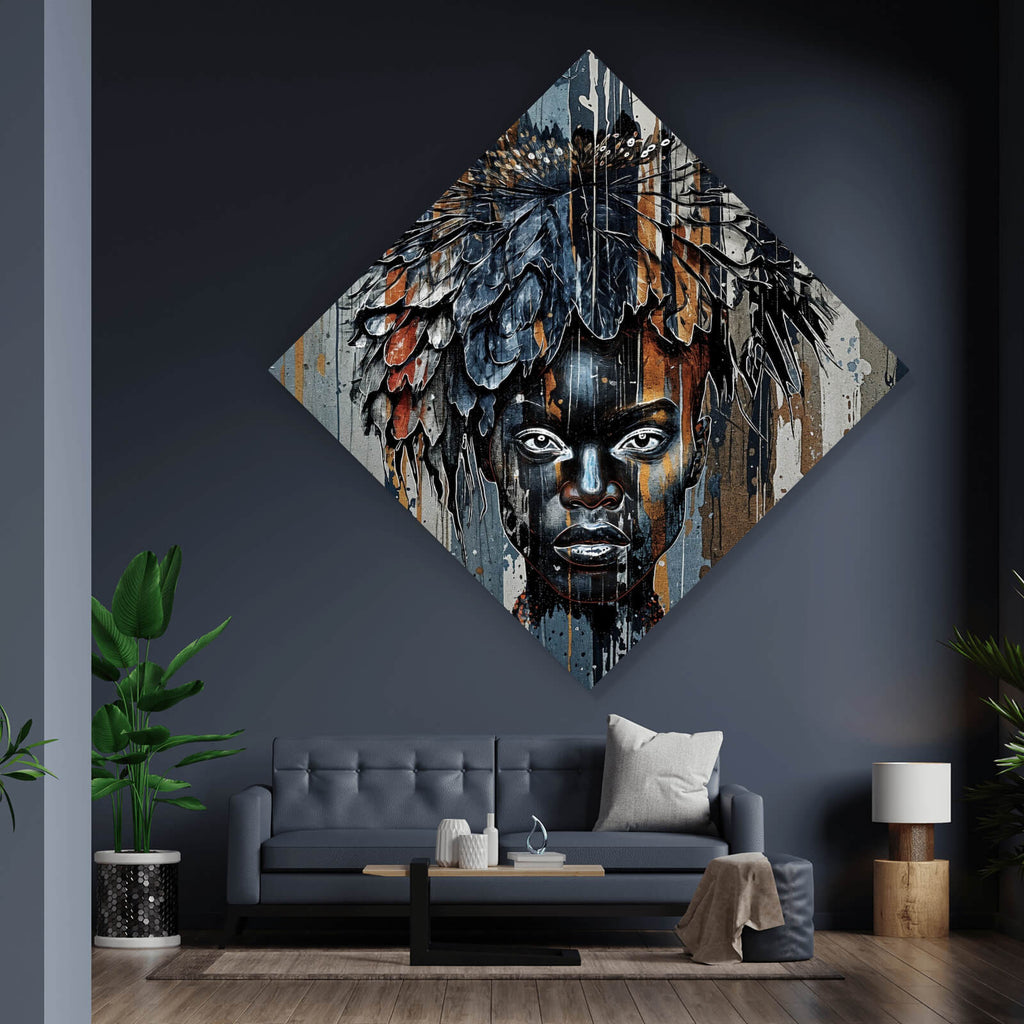 Acrylglasbild Eindrucksvolles Frauengesicht im Raute, Aufhängefertig ...