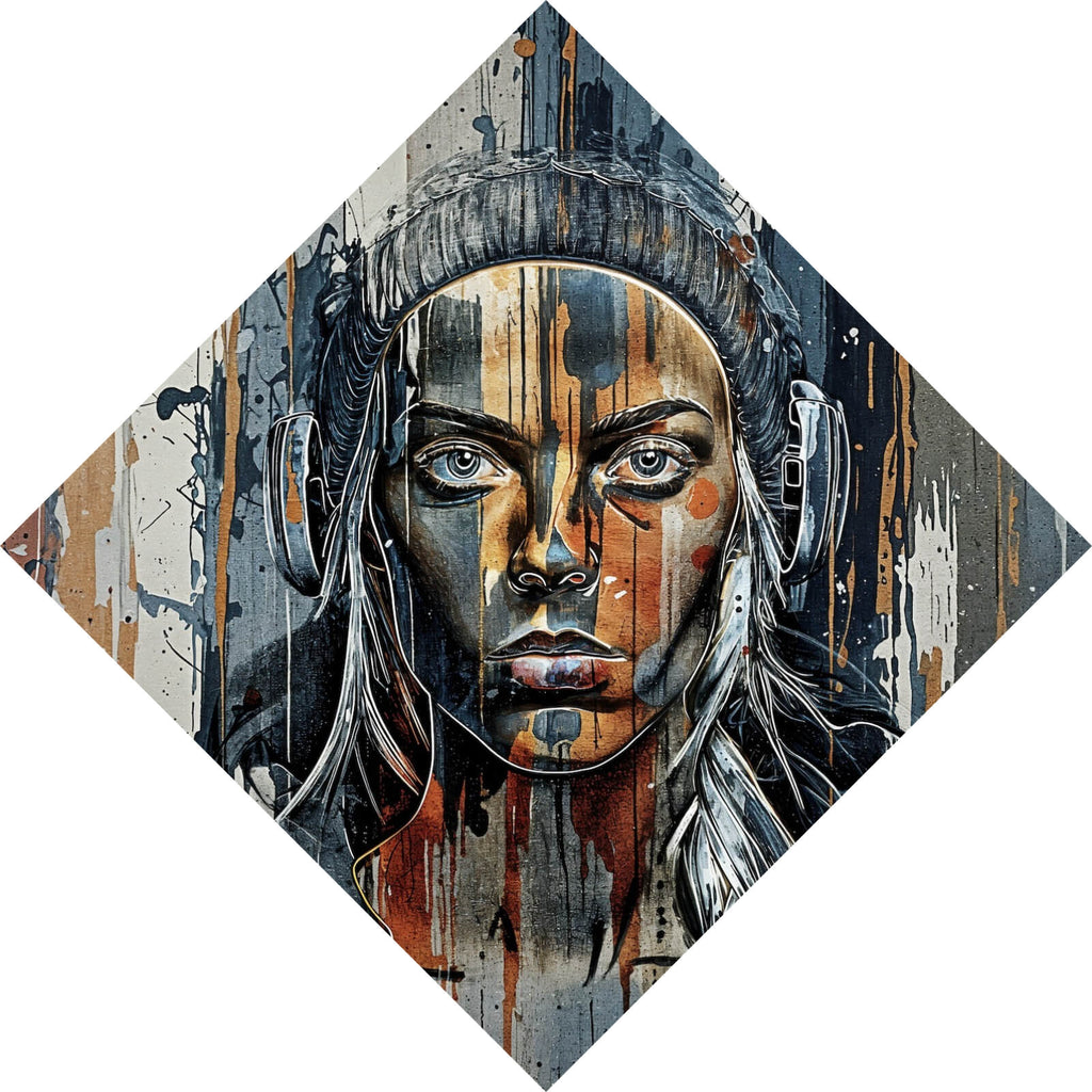 Aluminiumbild Modernes Porträt mit Kopfhörern im Raute, Aufhängefertig ...